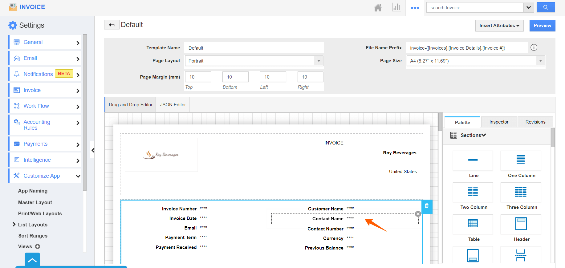 How to rearrange the fields in the PDF template in the Invoices app?