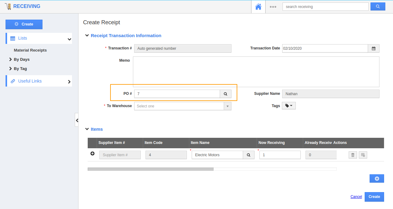 Associate Material Receipts in the Kit Orders App
