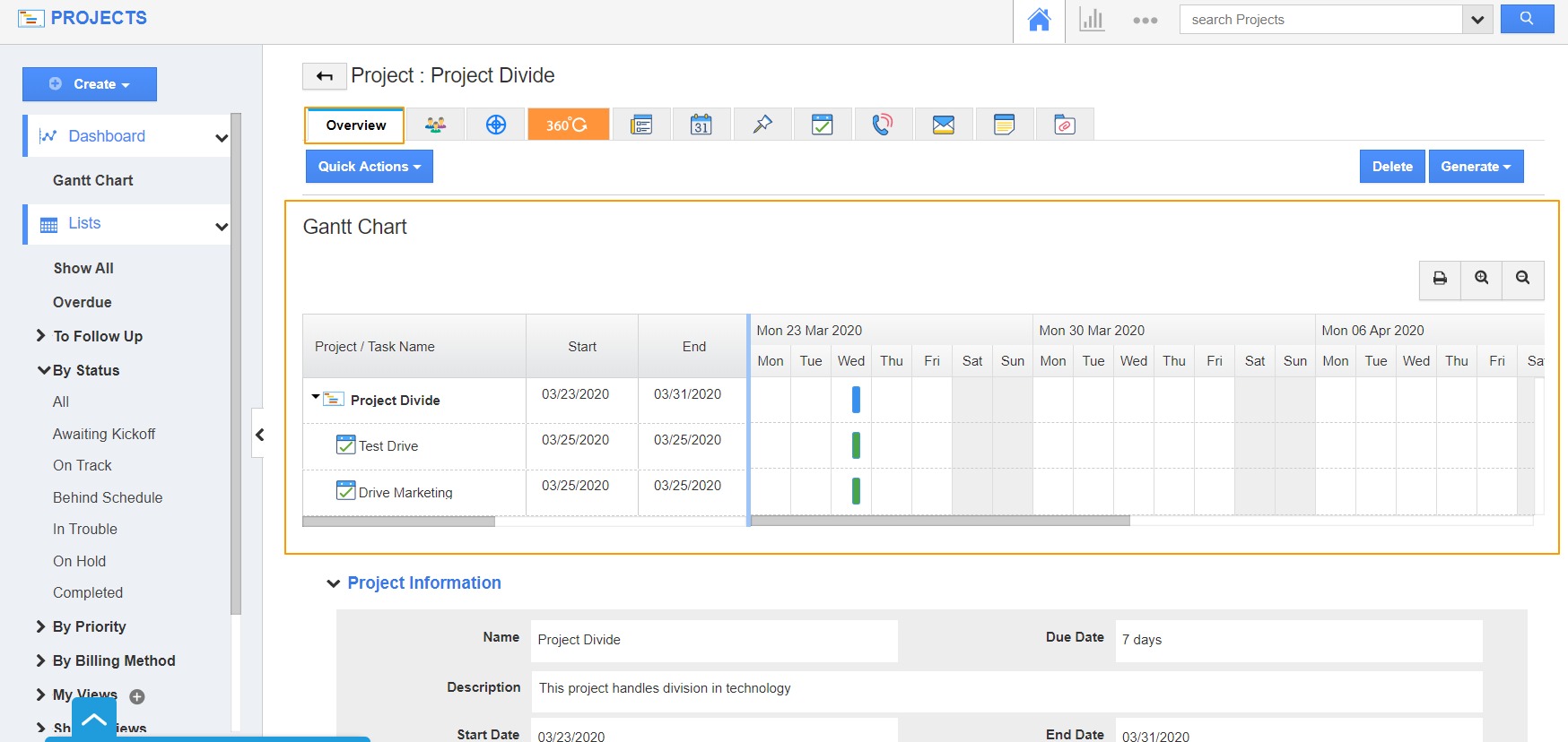 How to show Gantt Chart in the Project Overview page in Apptivo?