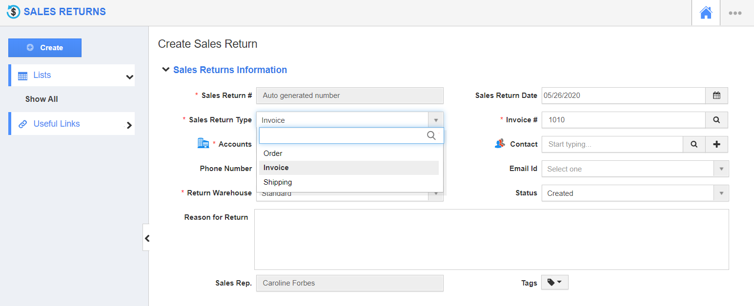 How to create a sales return for an Invoice?