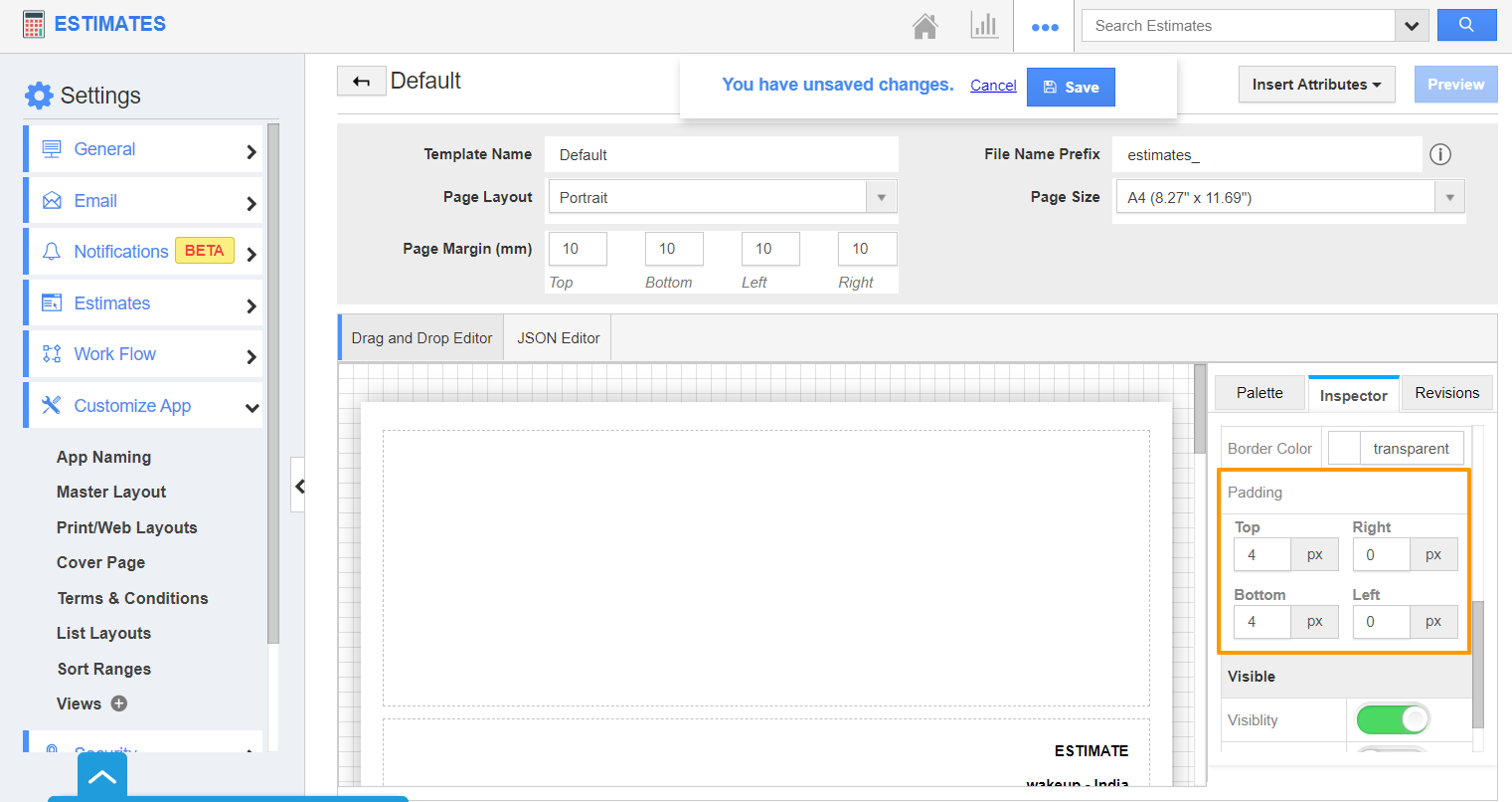 How to set the Margin and Padding for the Header in the PDF of an Estimate?