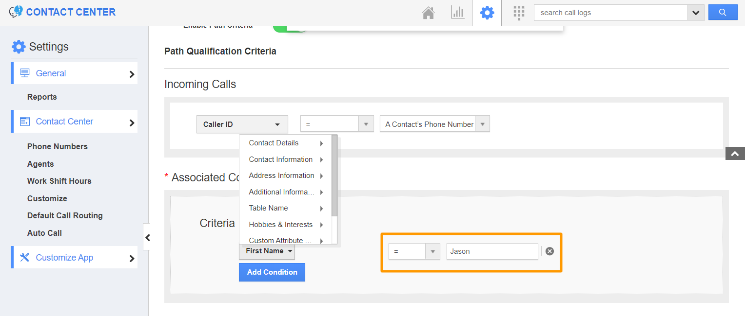 How to set up path criteria in the Contact Center App?