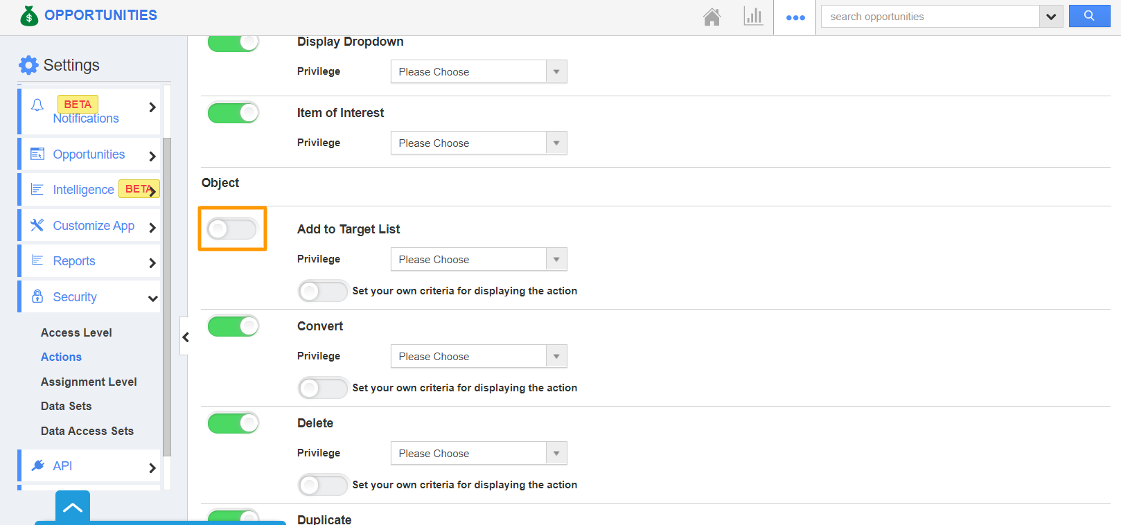 How do I disable the add to target list button in the Opportunities App?
