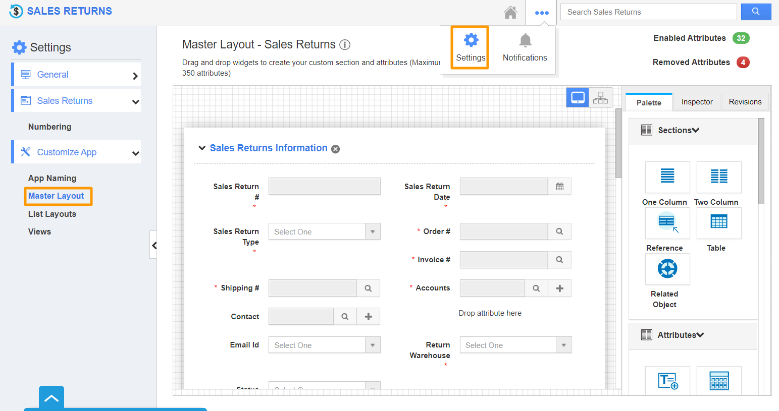 How to rename a field in the Sales Returns App?