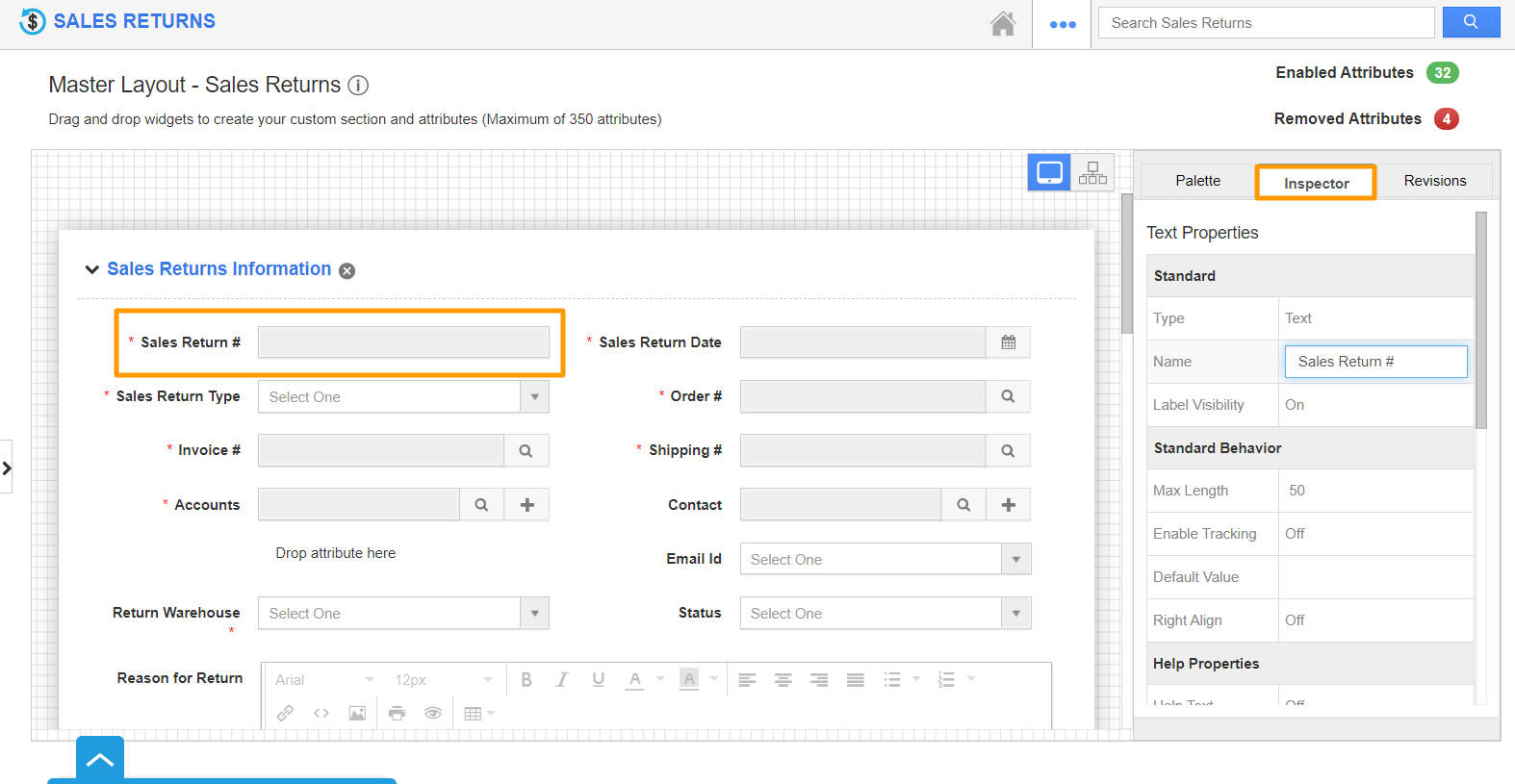 How to rename a field in the Sales Returns App?