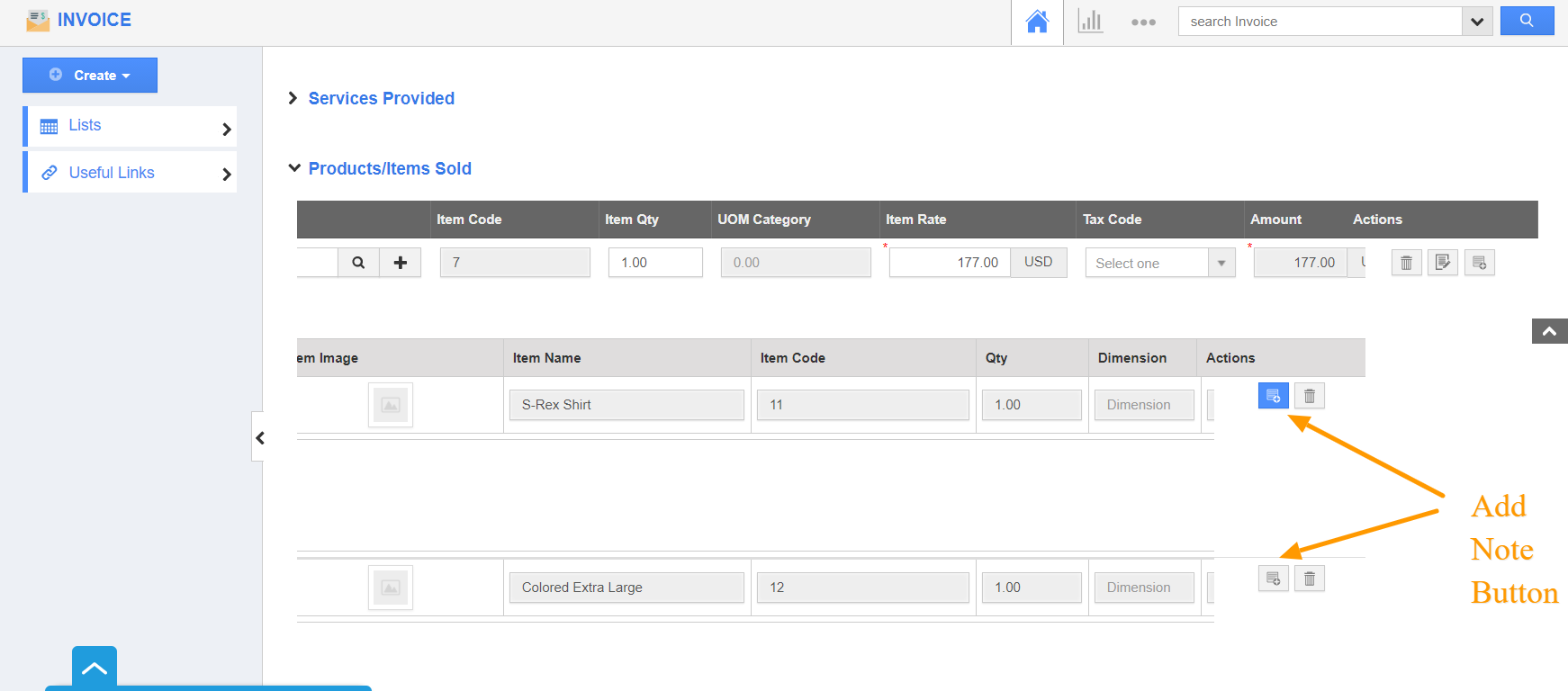 How do I add notes to the Bill of Materials table in the Invoice App?