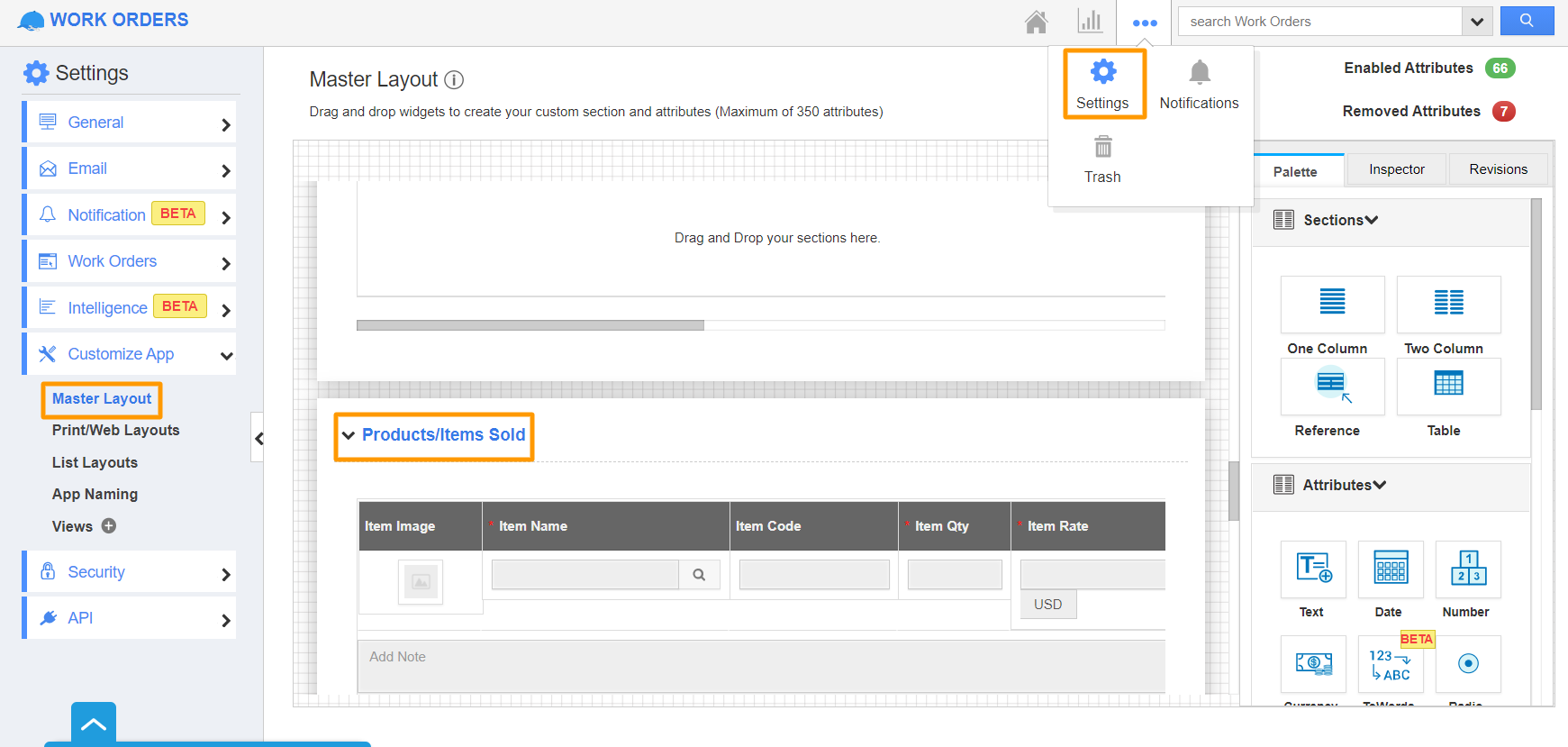 How do I add notes to the Bill of Materials table in the Work Orders App?