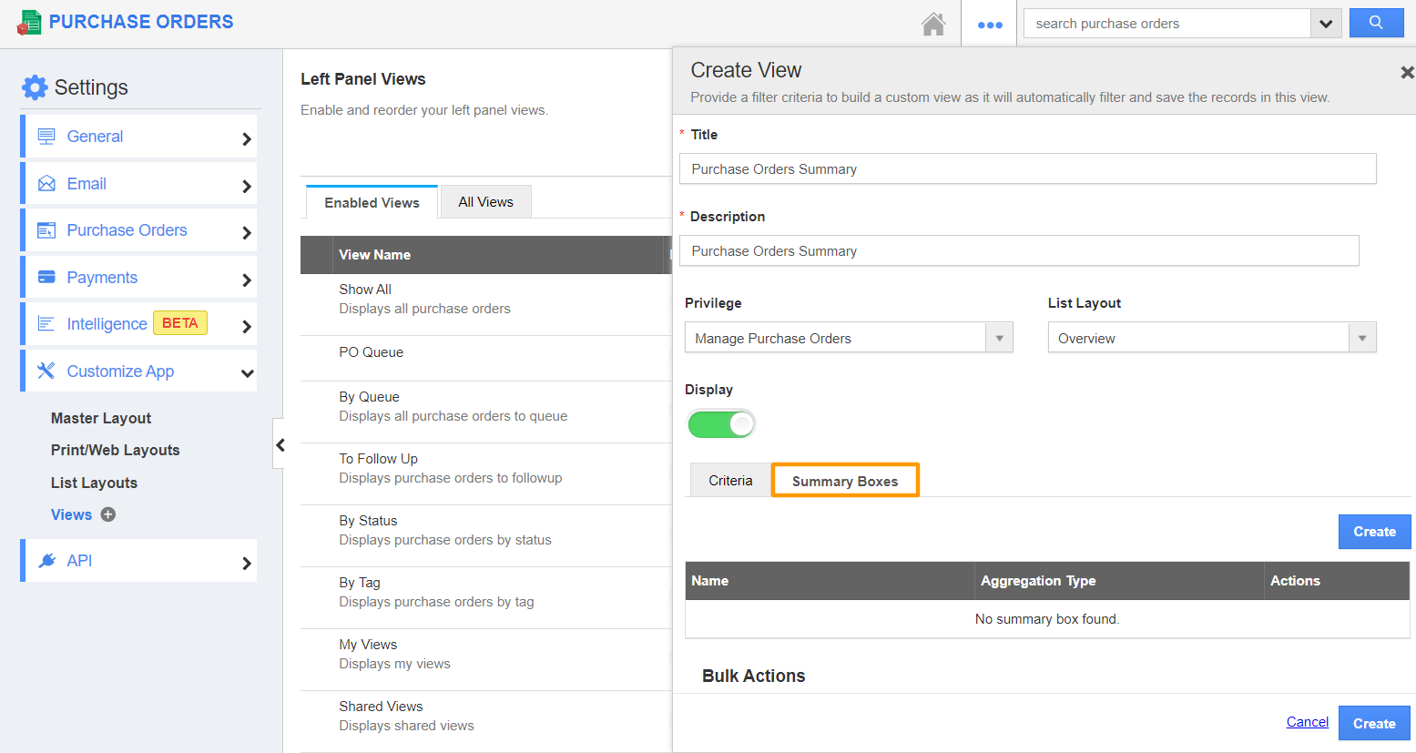 How do I configure the Summary Boxes in Apptivo’s Purchase Orders App?