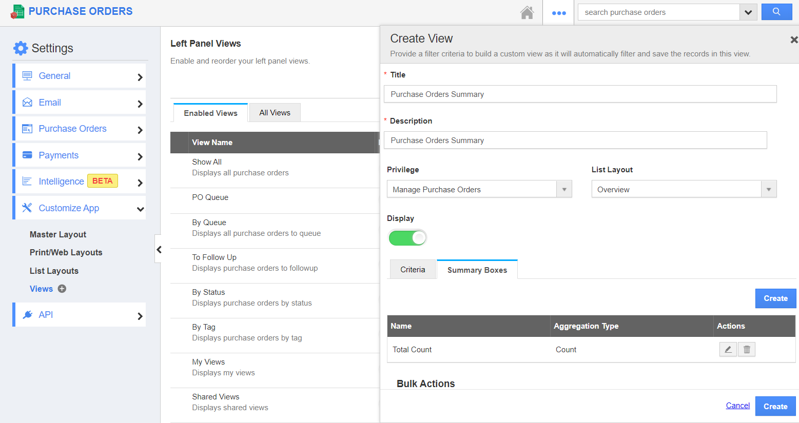 How do I configure the Summary Boxes in Apptivo’s Purchase Orders App?