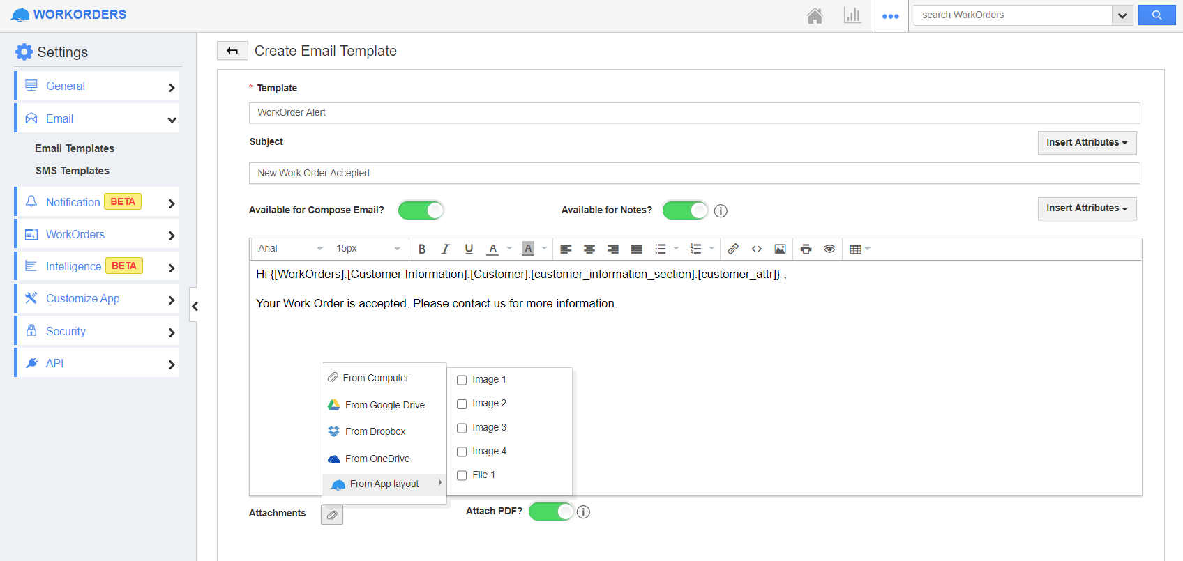 How do I attach files from App Layouts in the Email Templates of Work ...