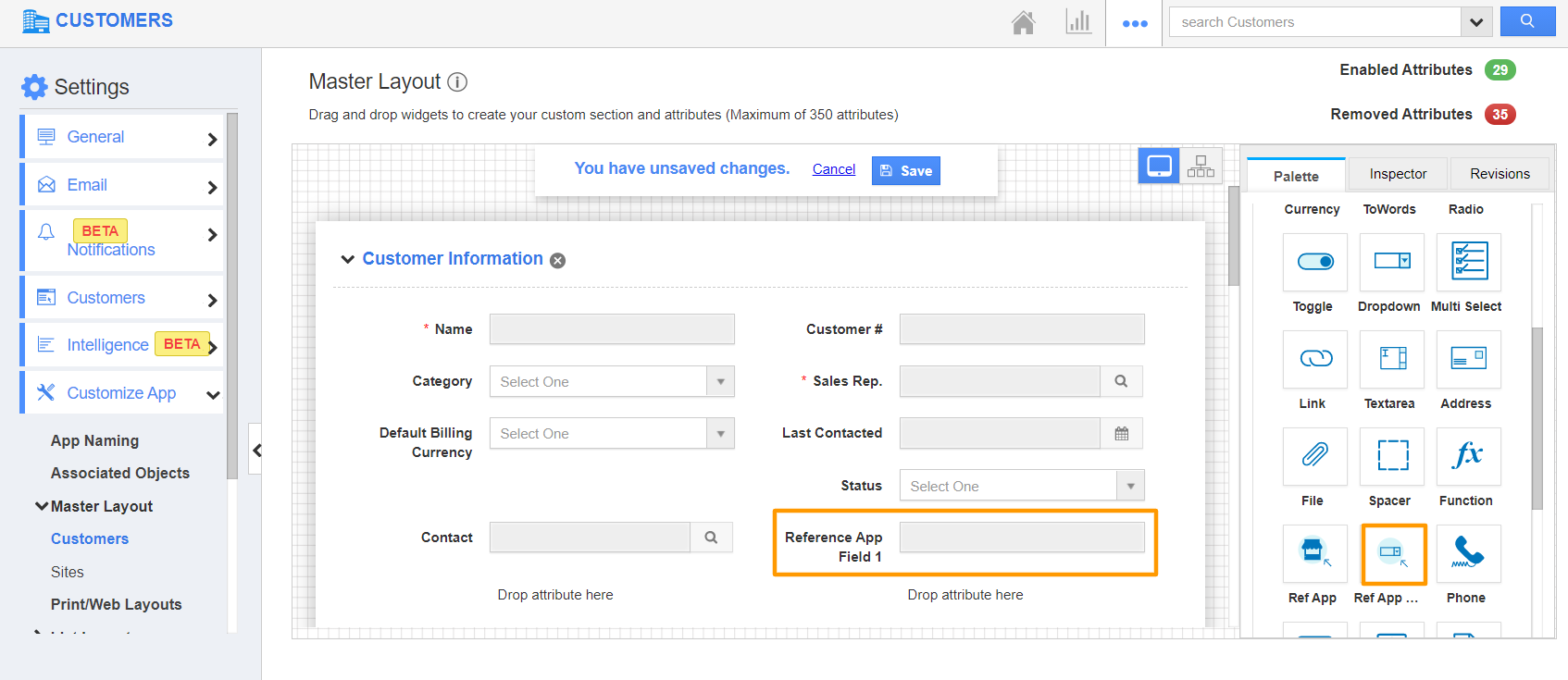 How do I add a Ref App and Ref App Field in the Customers App?