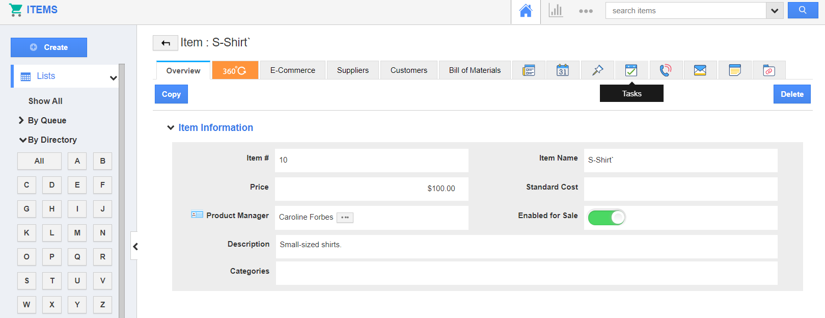 How to create a task with item information?