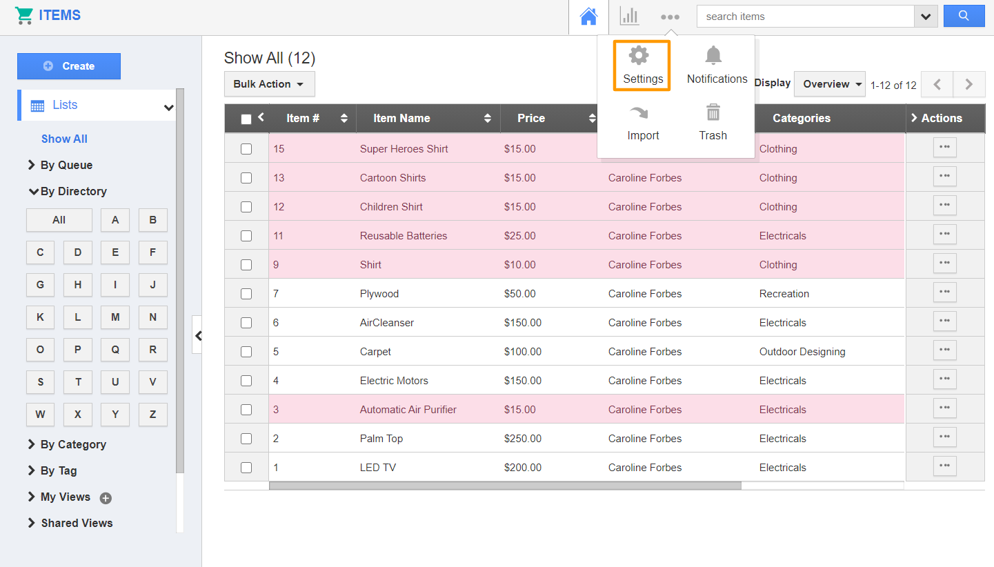 How to configure highlighting in the Items App?