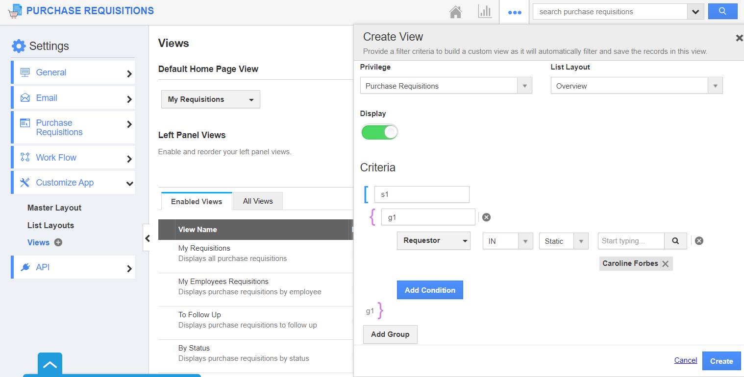 How to create a custom view in the Purchase Requisitions App?