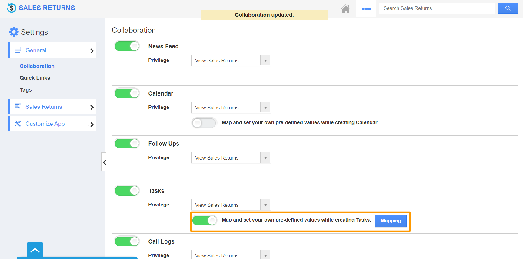 How to create a task with the sales return information?