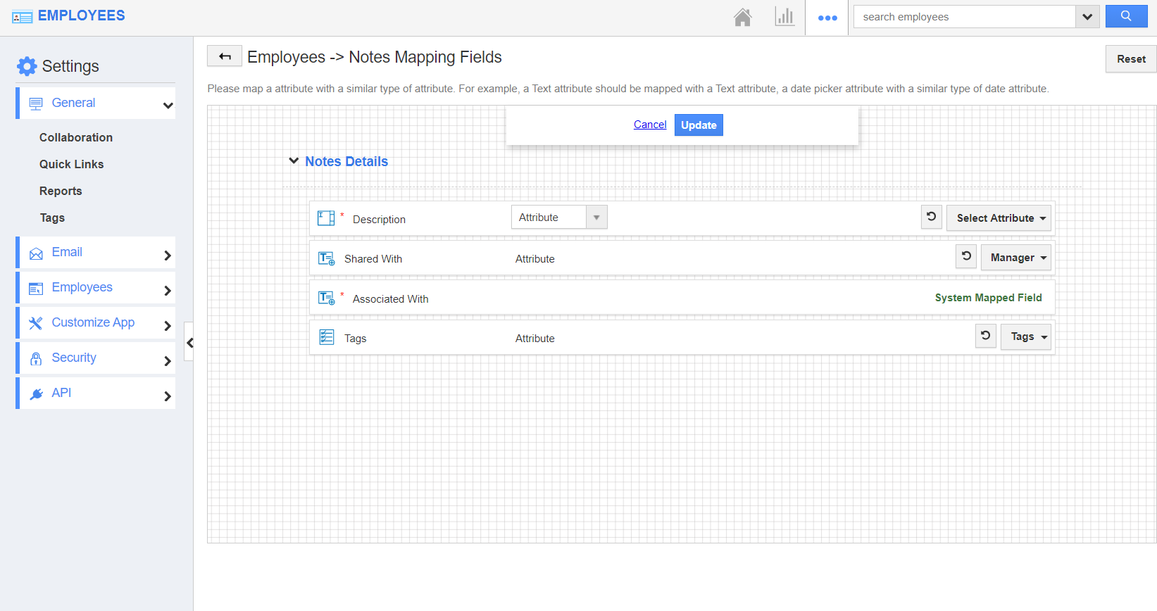 How do I create a note with employee information in Employees App?