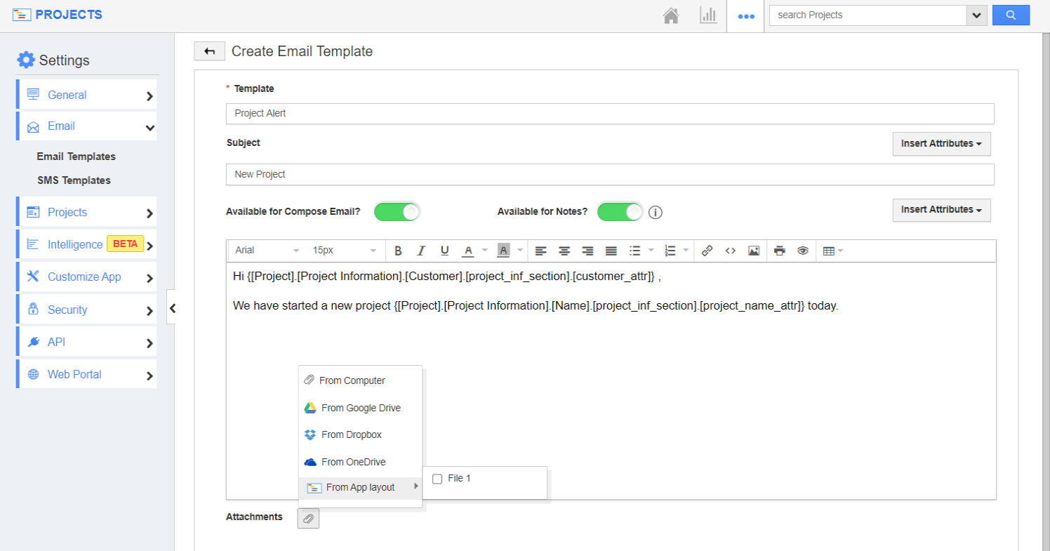 How do I attach files in the Email Templates of Projects app?