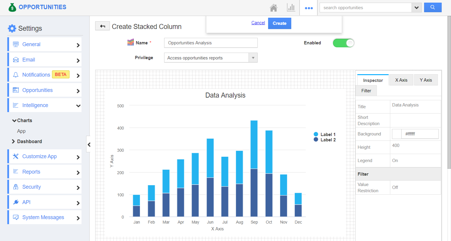 How do I configure the Stacked Column Chart in the Intelligence Dashboard of Apptivo?