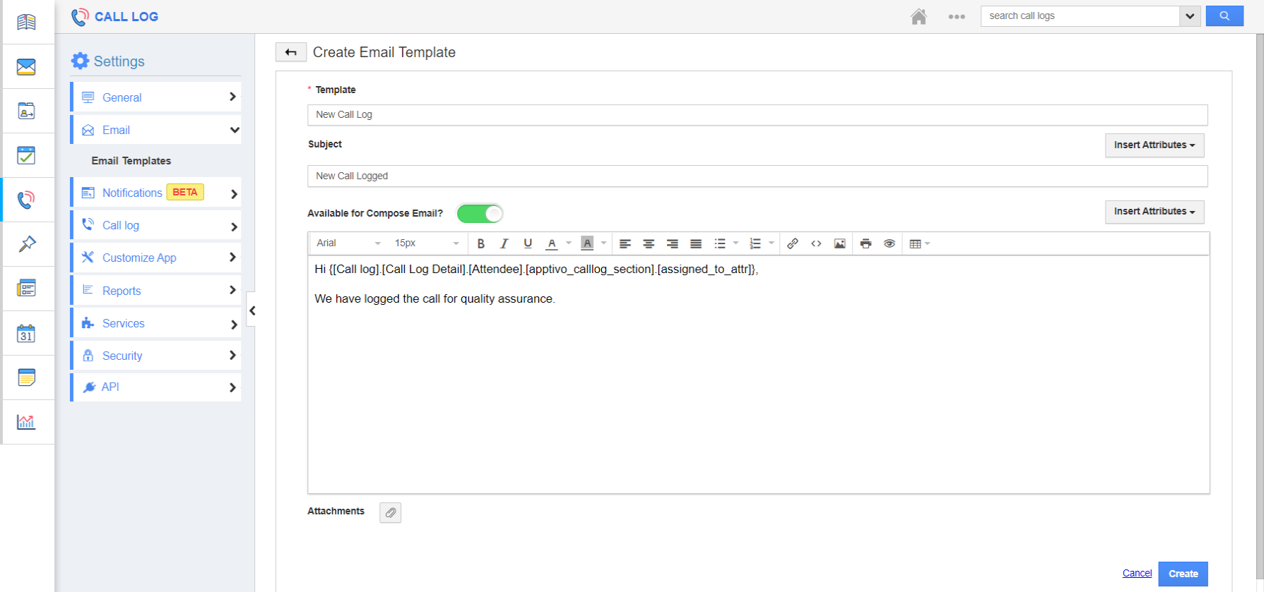 How to create an email template in Call Logs?