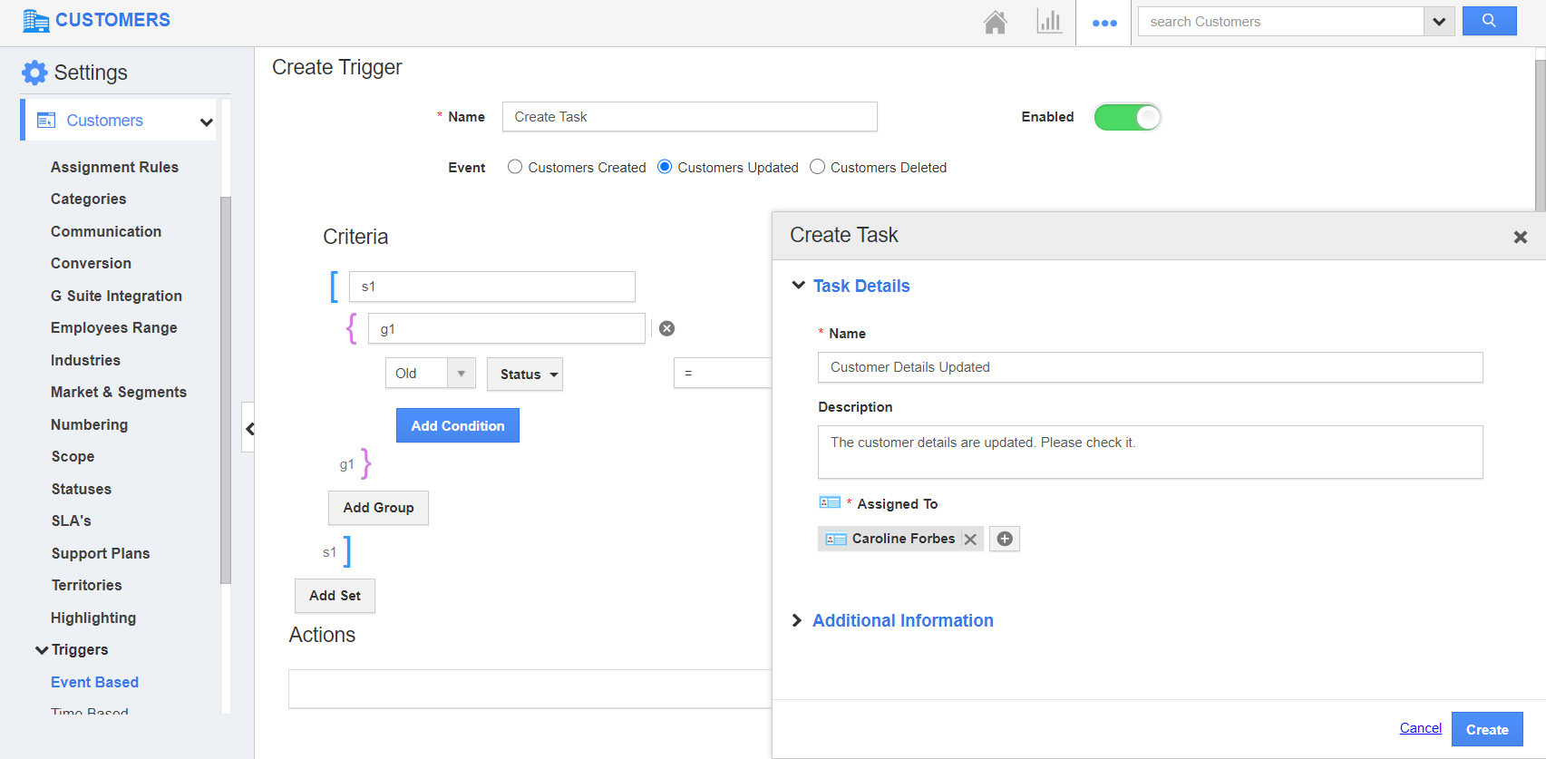 How to create a task automatically while updating customer details in ...