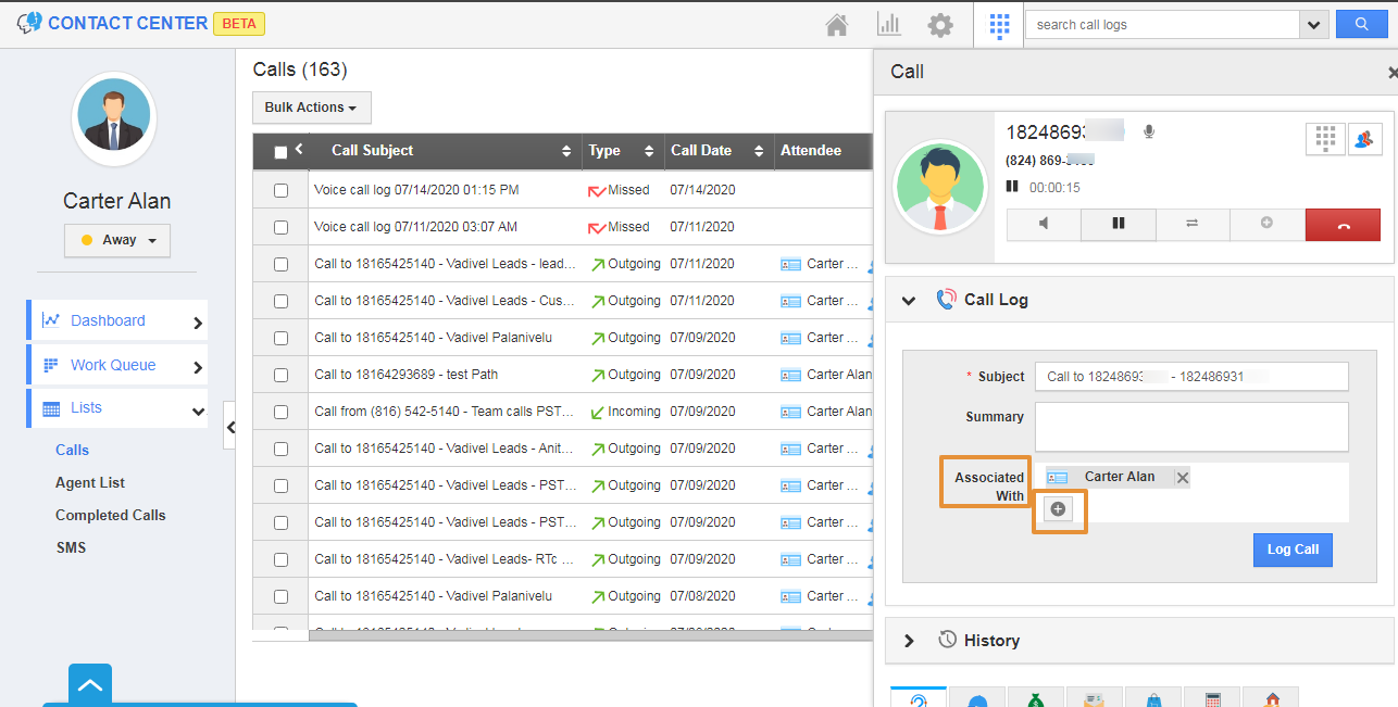How do I add the associates from the Answer Call window?
