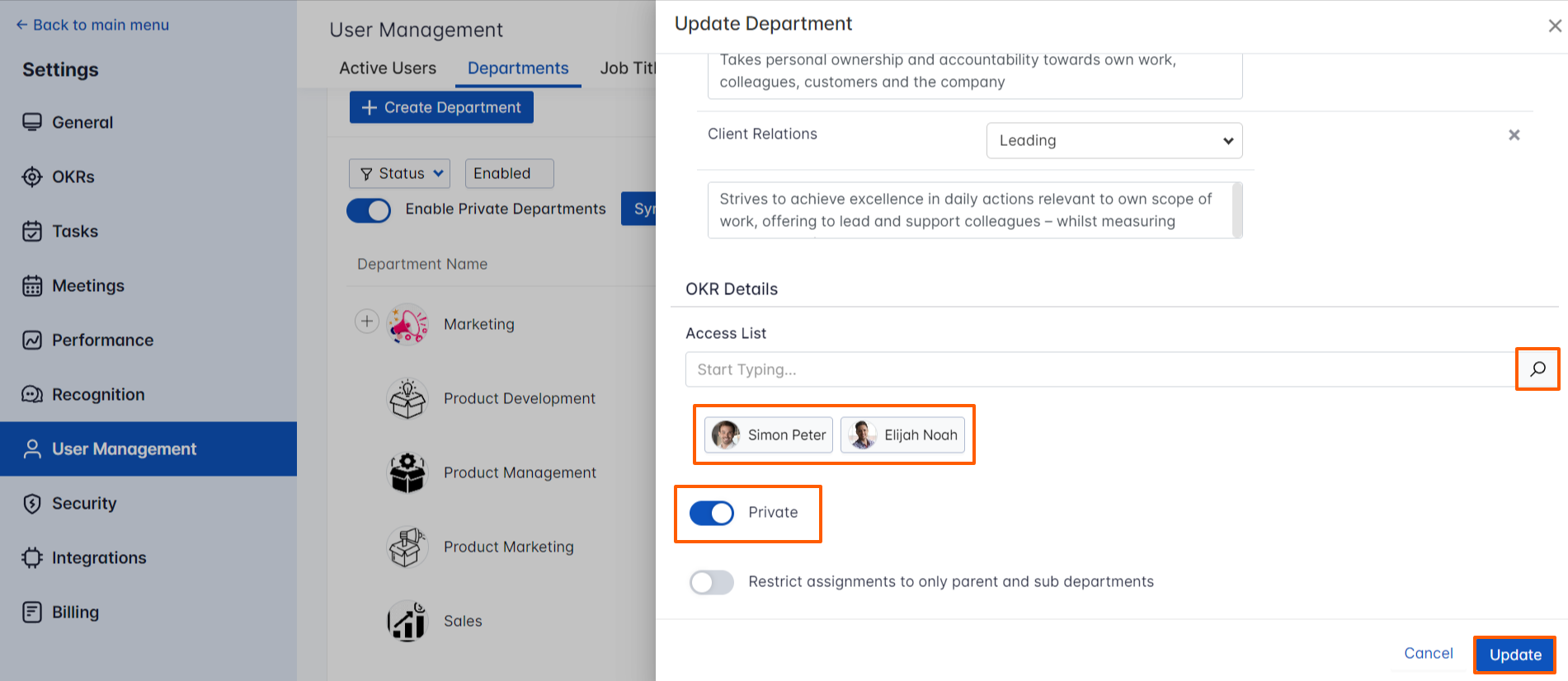 How to change the visibility of a department to private? | Q&A | Profit.co