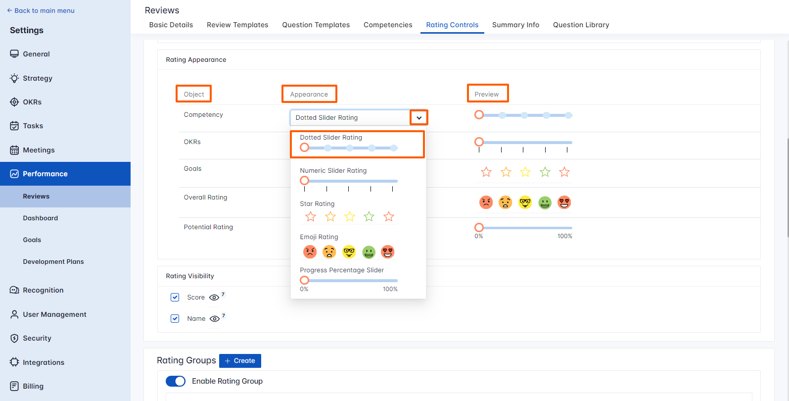 How to customize the Rating slider in performance reviews?|Q&A|Profit.co