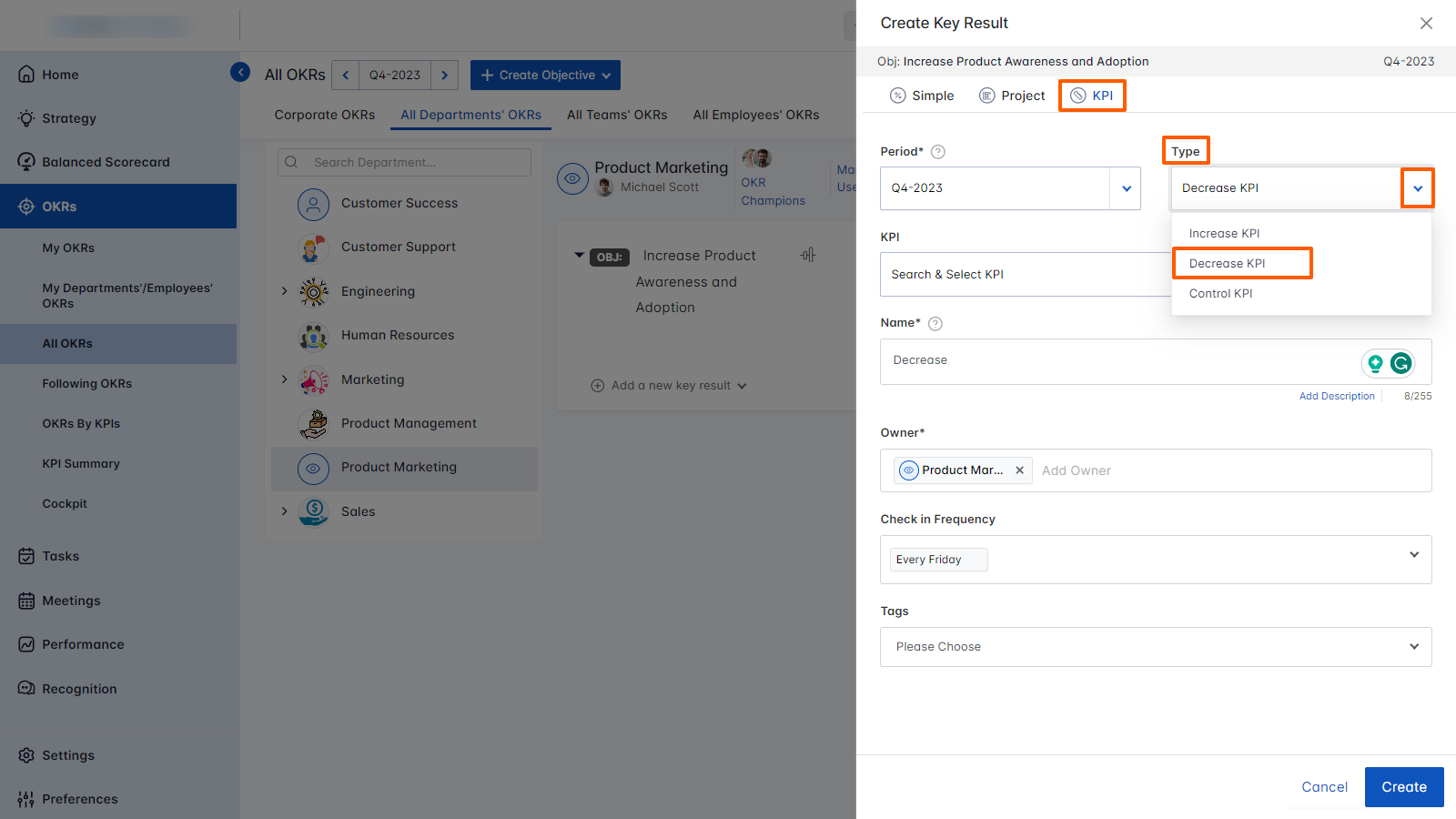 How do I create a Key Result using Decrease KPI? | OKR Software | Profit.co