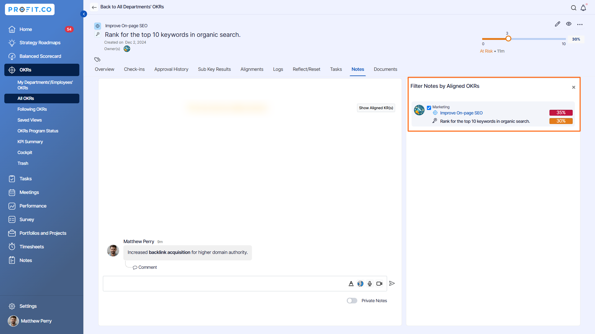 How to filter and view the notes in an aligned OKR? |Q&A| Profit.co