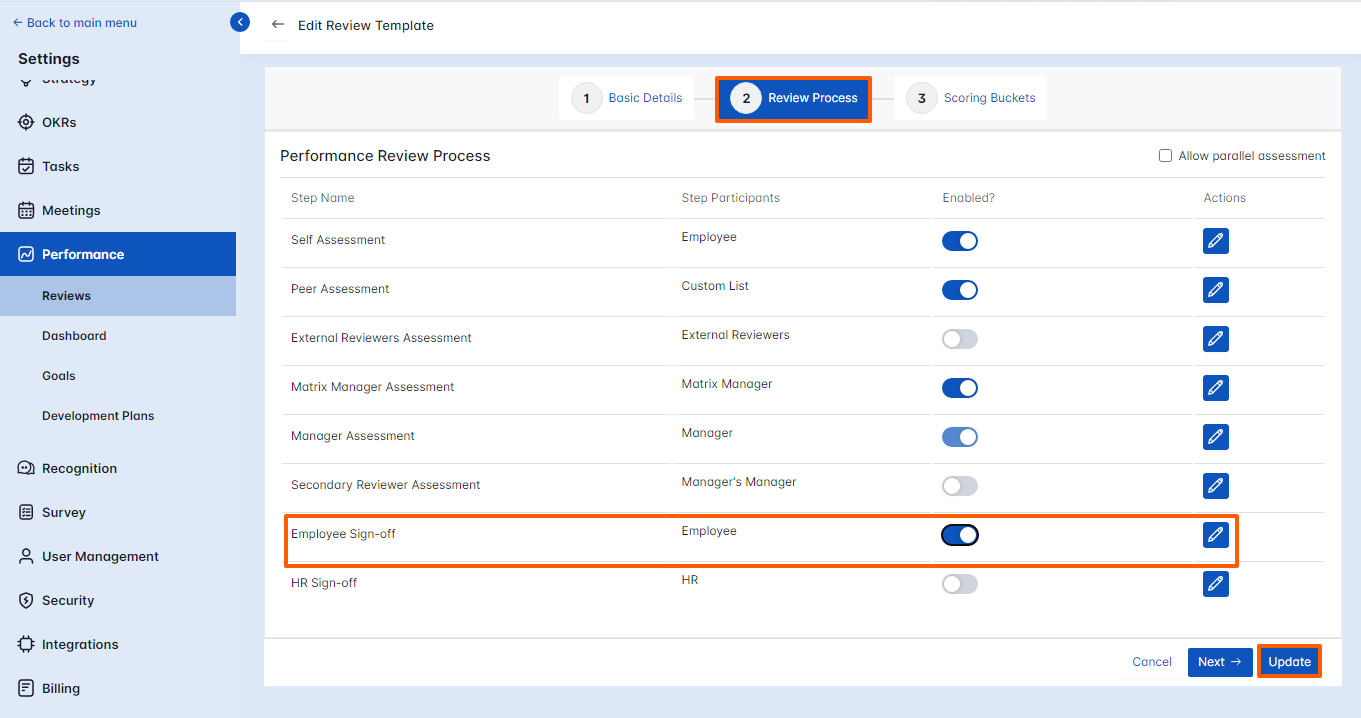 How do I enable employee Sign-off in the performance assessment of ...