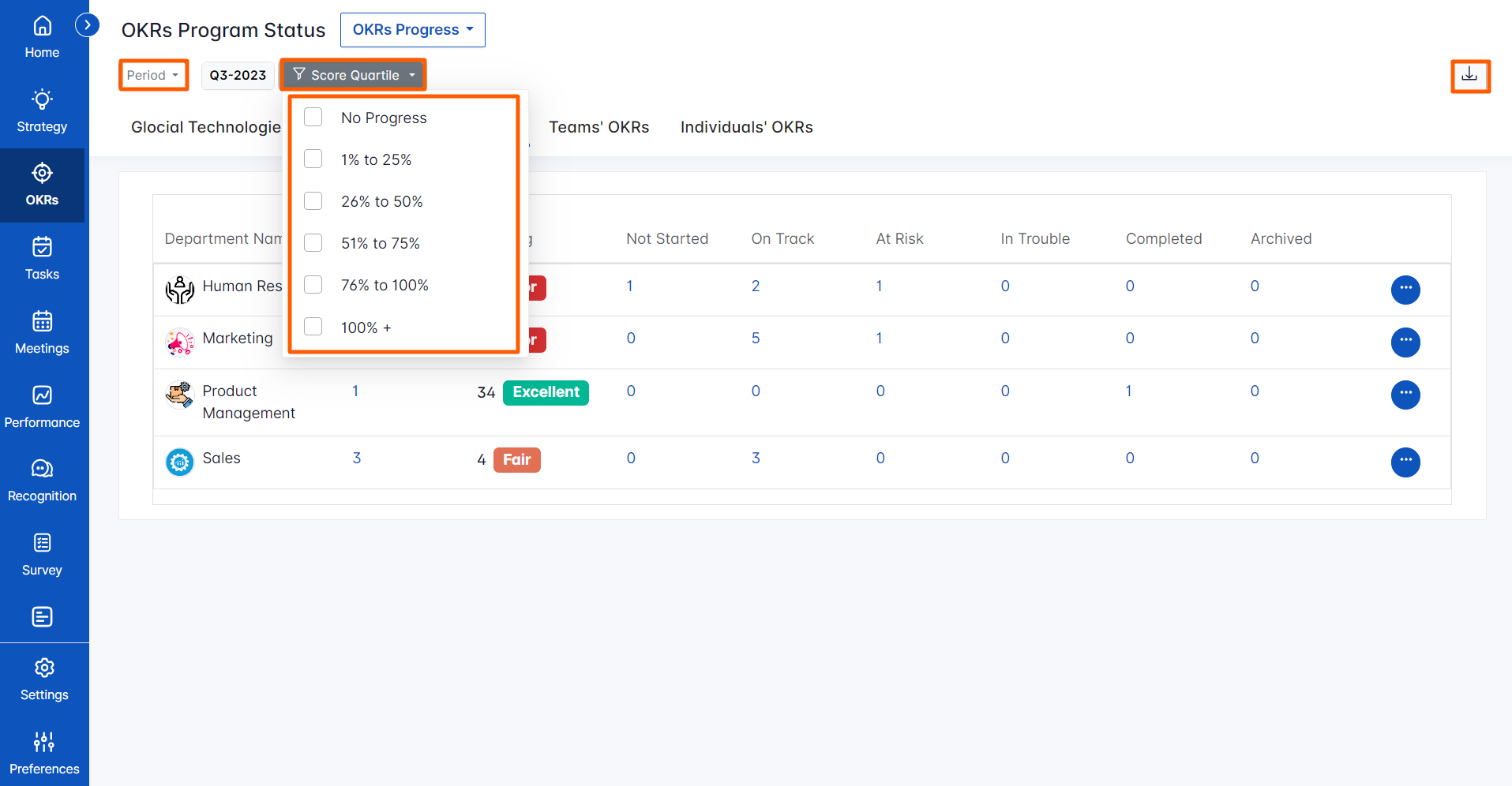 How can I download OKRs Progress reports?|Q&A|Profit.co