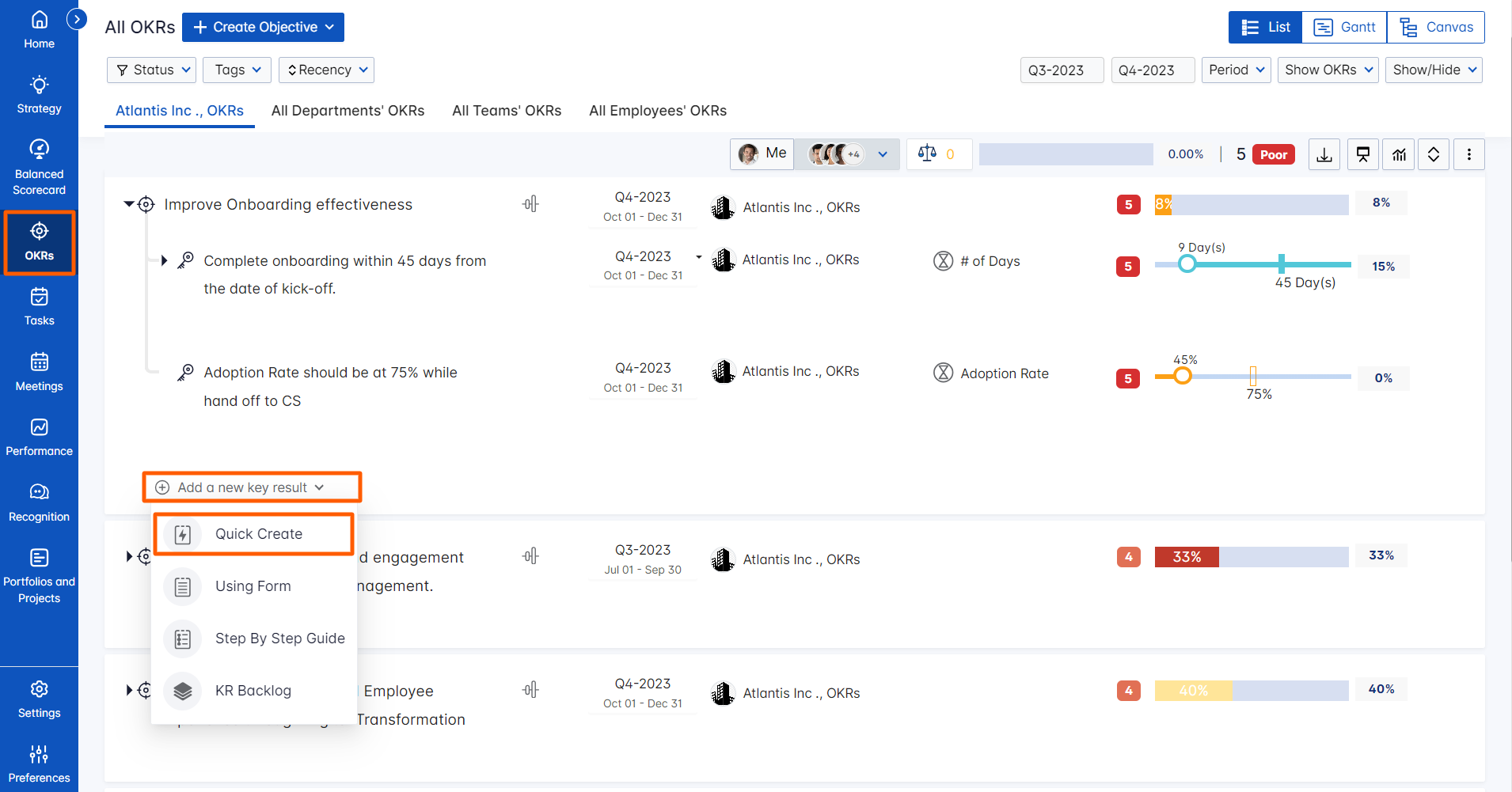 How to create a Key Result via Quick Create? | OKR Software | Profit.co