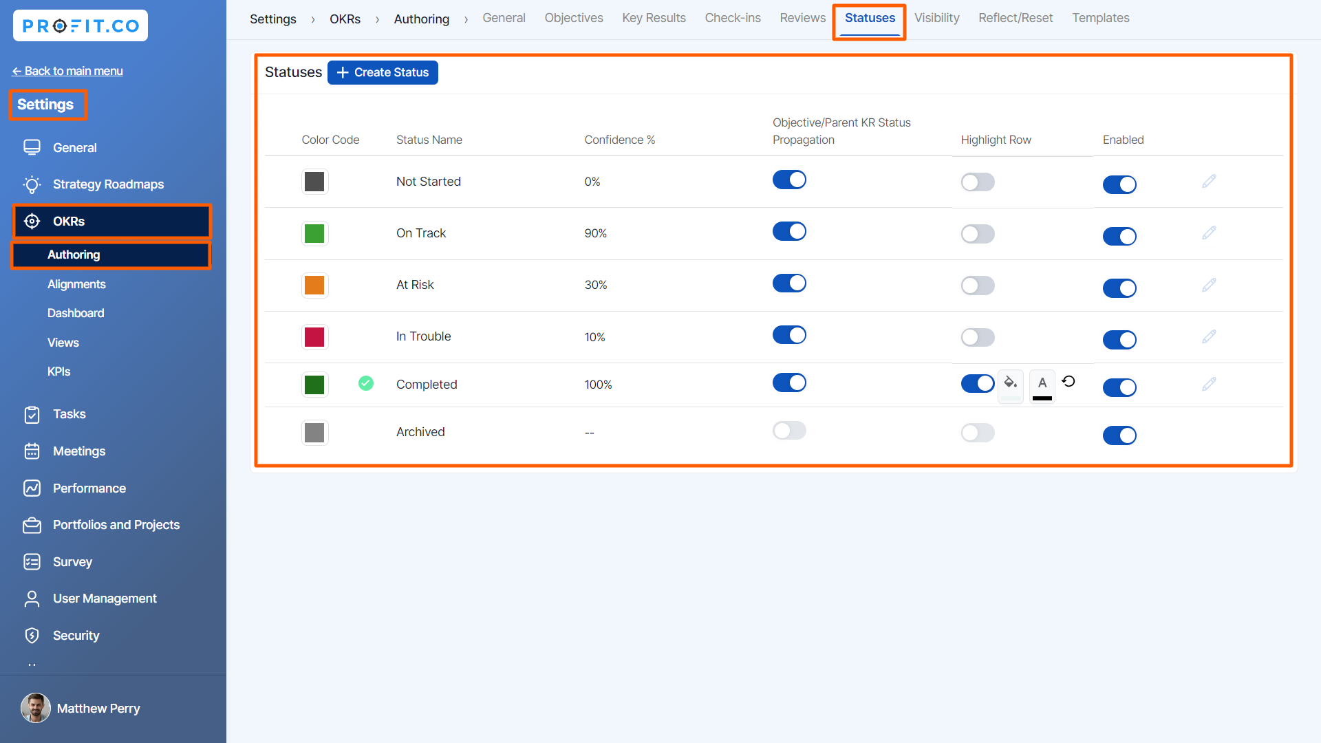 How does the automatic propagation of Key Result Status work in Profit ...