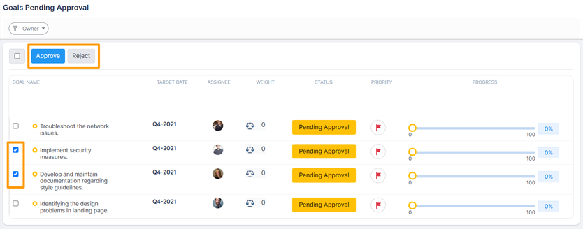 How does a Manager can select multiple Goals to Approve/Reject? | Q&A | Profit.co