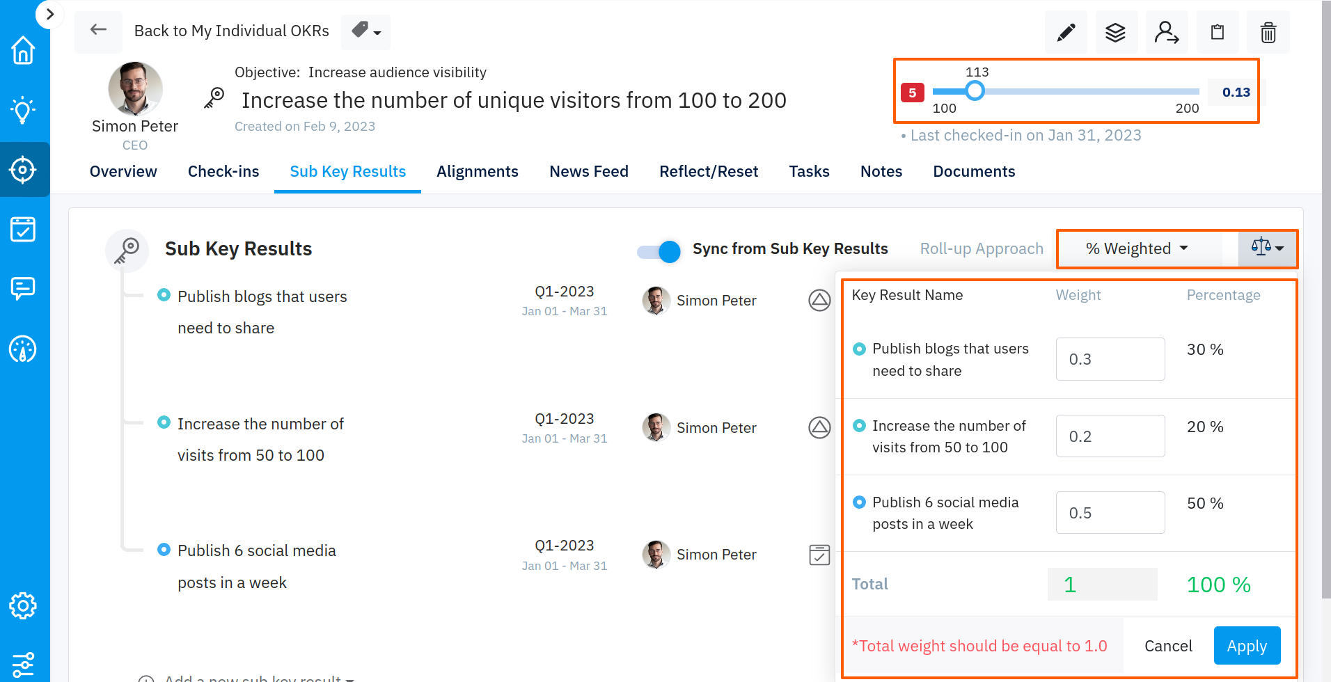 How does the Key Result weight roll-up approach work based on Equally ...