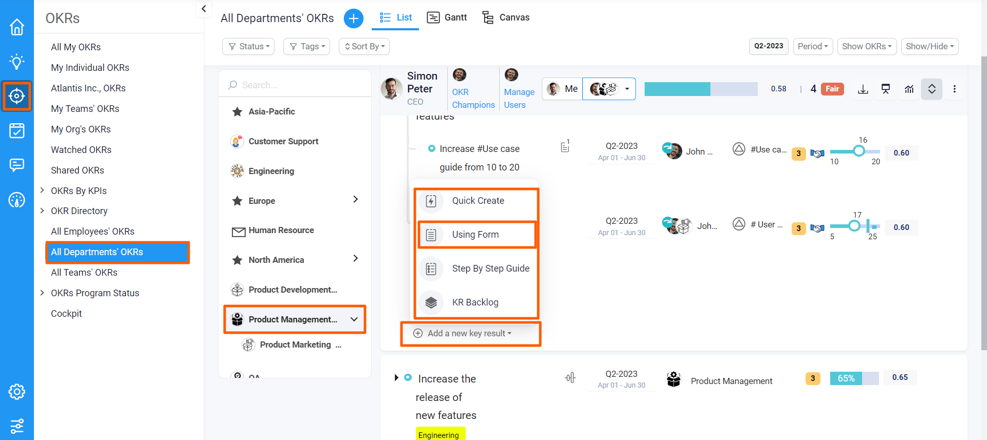 How do I add Key Results to a departmental OKR? | OKR Software | Profit.co