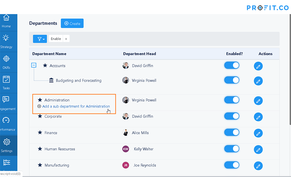 Setup departments and department heads | Profit.co